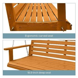 Wooden Porch Swing 2-Seater, Ergonomic Seat, Bench Swing with Hanging Chains and 7mm Springs, Heavy Duty 800 LBS, for Outdoor Patio Garden Yard, Golden Honey