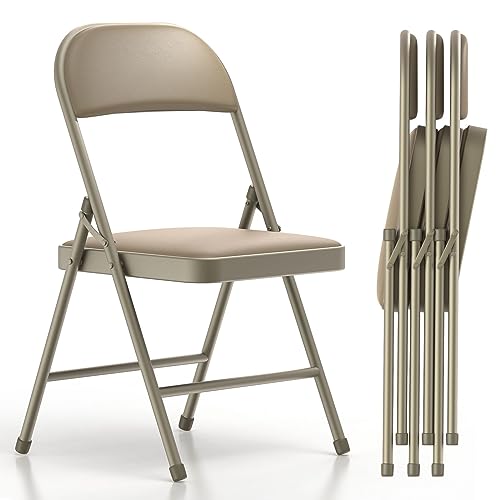 Nazhura 4 Pack Folding Chairs with Padded Cushion and Back, Khaki Metal Chairs with Comfortable Cushion for Home and Office, for Indoor and Outdoor Events (Kahki, 4 Pack)