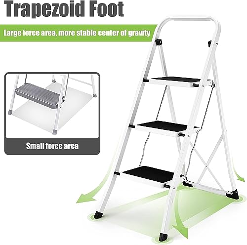 SIMPLI-MAGIC Step Ladder, 3 Step Stool Ergonomic Folding Step Stool with Wide Anti-Slip Pedal Sturdy Step Stool for Adults Multi-Use for Household, Kitchen，Office Step Ladder Stool (3 Step - White)