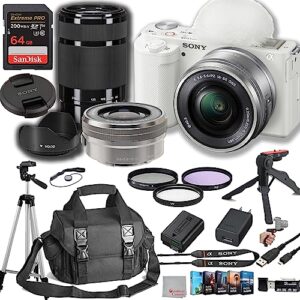 sony zv-e10 mirrorless camera with with 16-50mm + 55-210mm lenses, 64gb extreem speed memory, case. tripod, filters, hood, grip, & professional video & photo editing software kit (white)