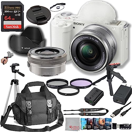 Sony ZV-E10 Mirrorless Camera with 16-50mm Lens 64GB Extreem Speed Memory, Case. Tripod, Filters, Hood, Grip, & Professional Video & Photo Editing Software Kit (White)