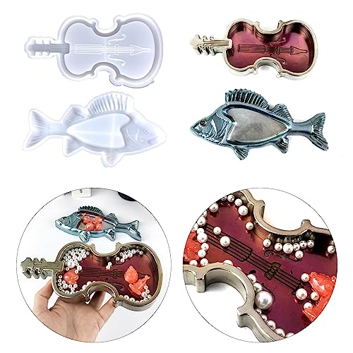 Bobuluo Violin Shaped & Fish Shaped Storage Tray Mold White Storage Tray Silicone Molds DIY Epoxy Resin Mold for Candle Making Clay Resin Epoxy Crafting Projects