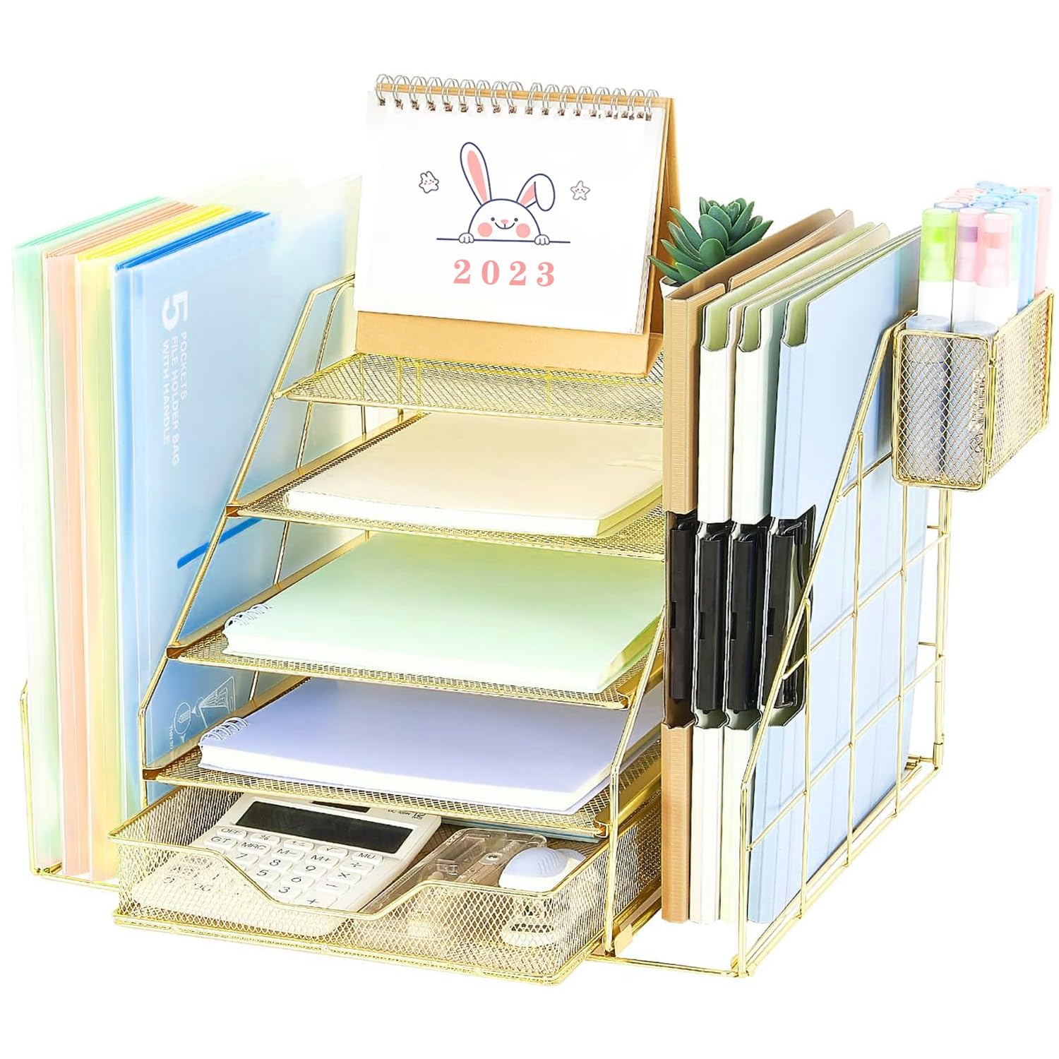 Spacrea 5-Tier Paper Letter Tray Organizer with File Holder - Office Desk Accessories & Workspace Organizers with Drawer and Pen Holder, Cute Desk Organizer for Office Supplies (Gold)