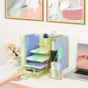 Spacrea 5-Tier Paper Letter Tray Organizer with File Holder - Office Desk Accessories & Workspace Organizers with Drawer and Pen Holder, Cute Desk Organizer for Office Supplies (Gold)