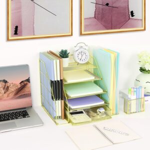 Spacrea 5-Tier Paper Letter Tray Organizer with File Holder - Office Desk Accessories & Workspace Organizers with Drawer and Pen Holder, Cute Desk Organizer for Office Supplies (Gold)