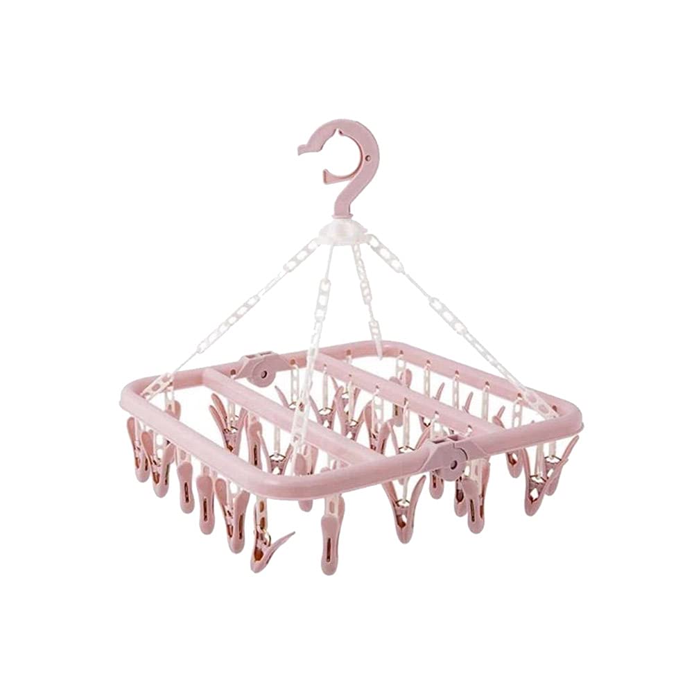 Clothes Drying Racks Foldable Clip Hangers Drip Hanger Plastic with 32 Drying Clips Wind-Proof Hook Underwear Hanger with Clips Plastic Laundry Clip for Socks Bras