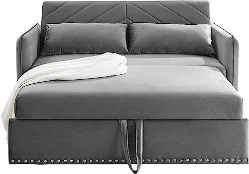 FULife 3-in-1 Convertible Sofa Pull-Out Sleeper,Adjustable Loveseat Futon Sofá Chair w/USB Charging Port,Reclining Backrests,Side Pockets&Pillows,Small Velvet 2 Seaters Lounge Couch, Gray Nailed Decor