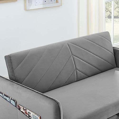 FULife 3-in-1 Convertible Sofa Pull-Out Sleeper,Adjustable Loveseat Futon Sofá Chair w/USB Charging Port,Reclining Backrests,Side Pockets&Pillows,Small Velvet 2 Seaters Lounge Couch, Gray Nailed Decor