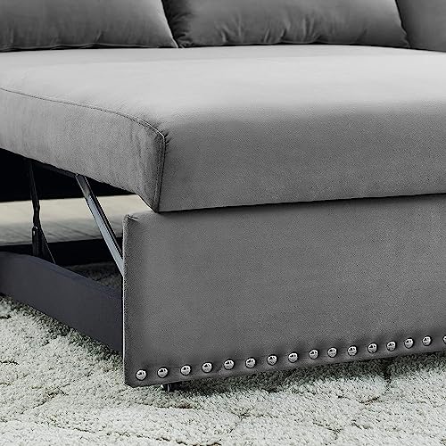 FULife 3-in-1 Convertible Sofa Pull-Out Sleeper,Adjustable Loveseat Futon Sofá Chair w/USB Charging Port,Reclining Backrests,Side Pockets&Pillows,Small Velvet 2 Seaters Lounge Couch, Gray Nailed Decor