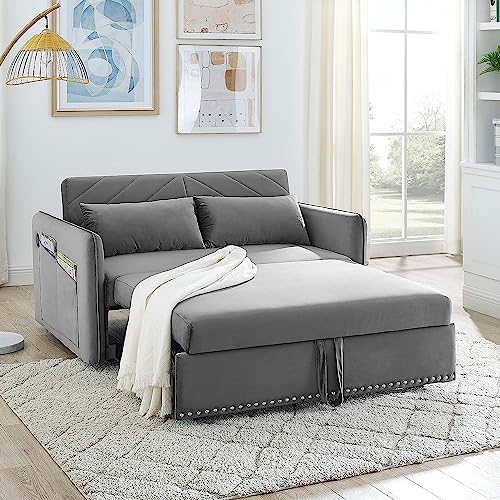 FULife 3-in-1 Convertible Sofa Pull-Out Sleeper,Adjustable Loveseat Futon Sofá Chair w/USB Charging Port,Reclining Backrests,Side Pockets&Pillows,Small Velvet 2 Seaters Lounge Couch, Gray Nailed Decor