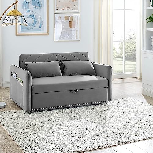 FULife 3-in-1 Convertible Sofa Pull-Out Sleeper,Adjustable Loveseat Futon Sofá Chair w/USB Charging Port,Reclining Backrests,Side Pockets&Pillows,Small Velvet 2 Seaters Lounge Couch, Gray Nailed Decor