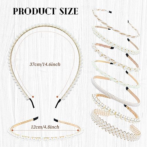 Cinaci 8 Pieces Decorative Gold Wedding Birthday Party Prom Artificial Pearl Headbands Bling Beaded Hair Tiaras Hoops Headpieces Accessories for Women Girls Teens Kids