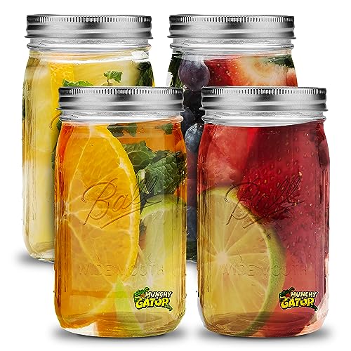 Munchy Gator Wide Mouth Mason Jars 32oz 4-Pack - Premium Clear Glass with Airtight Metal Lids - Includes Rubber Jar Opener - Ideal for Canning, Preserving, Storage, and More