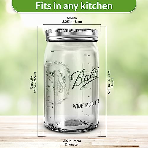 Munchy Gator Wide Mouth Mason Jars 32oz 4-Pack - Premium Clear Glass with Airtight Metal Lids - Includes Rubber Jar Opener - Ideal for Canning, Preserving, Storage, and More