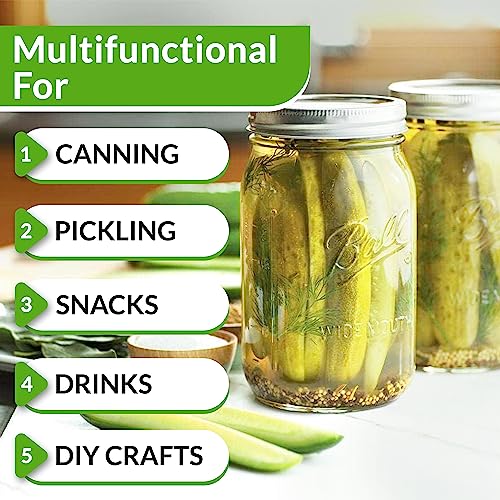 Munchy Gator Wide Mouth Mason Jars 32oz 4-Pack - Premium Clear Glass with Airtight Metal Lids - Includes Rubber Jar Opener - Ideal for Canning, Preserving, Storage, and More