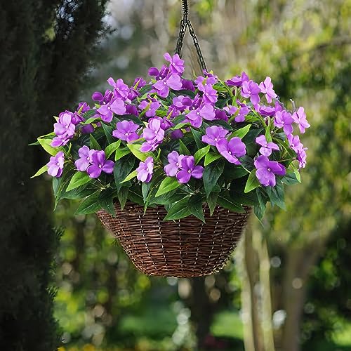 FAICOIA 2 Pcs Artificial Impatiens Flowers Bouquet Faux Impatiens Bushes Purple Silk Flowers Greenery Artificial Impatiens for Outdoors Patio Lawn Garden Balcony Pot Hanging Basket Porch Decoration