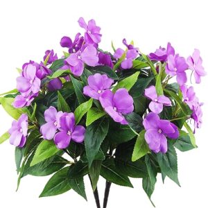 faicoia 2 pcs artificial impatiens flowers bouquet faux impatiens bushes purple silk flowers greenery artificial impatiens for outdoors patio lawn garden balcony pot hanging basket porch decoration