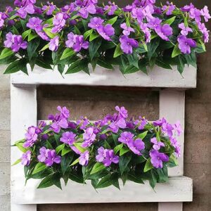 FAICOIA 2 Pcs Artificial Impatiens Flowers Bouquet Faux Impatiens Bushes Purple Silk Flowers Greenery Artificial Impatiens for Outdoors Patio Lawn Garden Balcony Pot Hanging Basket Porch Decoration