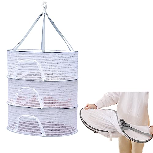 Herb Drying Rack 3 Layer Hanging Mesh Net for Plants Herb Dryer, Herb Dryer Hanging Rack Foldable Hanging Mesh Dryer for Buds, Fruits, Flowers, Vegetables, Fish, Clothes, Doll(White)