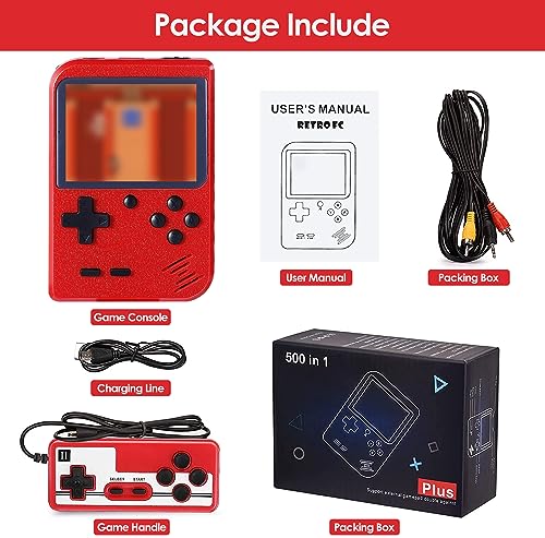 Retro Handheld Game Console with 500 Classic FC Games, Portable Retro Game Console, 3-inch LCD Screen and Add-on Controller, Handheld Game Console Supports Connectivity to TV and Two Players (RED)