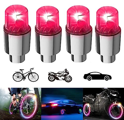 YUERWOVER 4 Pack LED Bike Wheel Lights Car Tire Valve Stems Caps Bicycle Motorcycle Waterproof Tyre Spoke Flash Light Cool Reflector Accessories for Men Women Kids (Red)