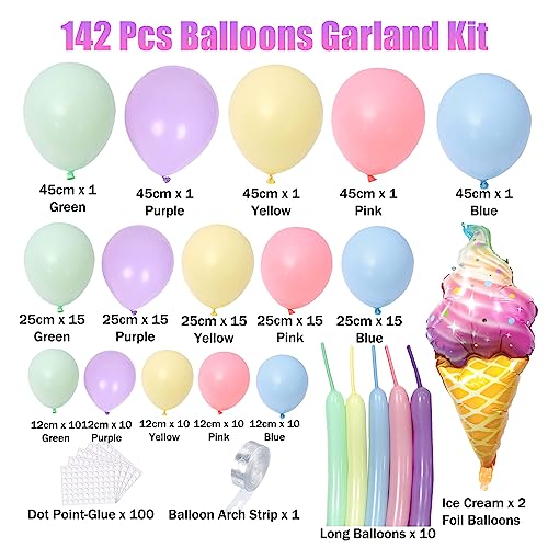 Pastel Balloon Garland Arch Kit, 142pcs Pastel Balloons Macaron Rainbow Balloons Ice Cream Foil Party Balloons for Baby Shower Girls Birthday Ice Cream Theme Party Decorations