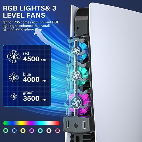 Cooling Fan for PS5, Cooler Fan with 3-Speed Quiet Fan, RGB Light for PS5 Cooling Fan, Efficient Cooling System for PS5 Accessories with 2 USB Hub Compatible with PlayStation 5 Digital & Discs Edition