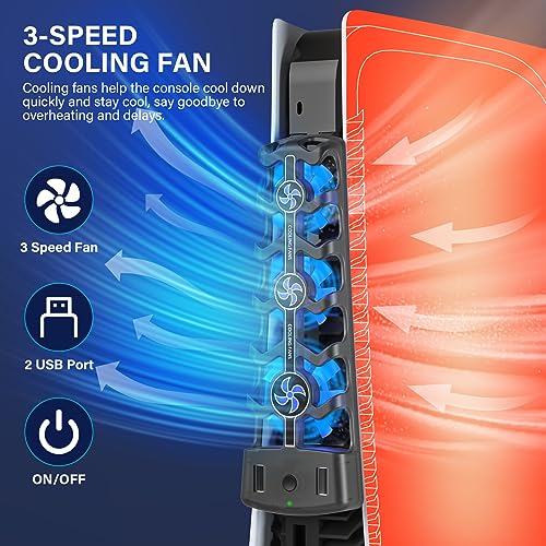 Cooling Fan for PS5, Cooler Fan with 3-Speed Quiet Fan, RGB Light for PS5 Cooling Fan, Efficient Cooling System for PS5 Accessories with 2 USB Hub Compatible with PlayStation 5 Digital & Discs Edition