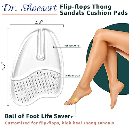 Dr. Shoesert Gel Metatarsal Pads for Flip-Flops Thong Sandals, Ball of Foot Cushion Inserts Relieve All Day Forefoot Pain for Women and Men (Clear - 3 Pairs)