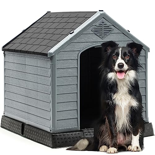 YITAHOME 34.5'' Large Plastic Dog House Outdoor Indoor Doghouse Puppy Shelter Water Resistant Easy Assembly Sturdy Dog Kennel with Air Vents and Elevated Floor (34.5''L*31''W*32''H, Black+Gray)