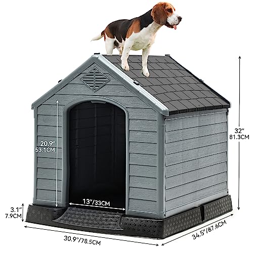 YITAHOME 34.5'' Large Plastic Dog House Outdoor Indoor Doghouse Puppy Shelter Water Resistant Easy Assembly Sturdy Dog Kennel with Air Vents and Elevated Floor (34.5''L*31''W*32''H, Black+Gray)