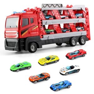 Melyis Toy Trucks with 64-Inch Ejection Race Track, Catapulting Racing Track with 6 Cars, Kid’s Cool Folding Truck Toy, Cars Storage and Transporter Toy Truck for 4 5 6 7 8 9 Years Old Boys and Girls