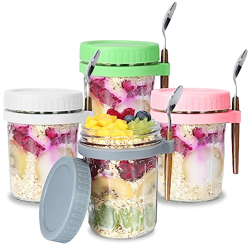 HYANITEQ Overnight Oats Jar Overnight Oats Container with Lid and Spoon Set of 4,12 oz Wide Mouth Mason Jars with Lid for Cereal Large Airtight Capacity Jar Portable Breakfast Container