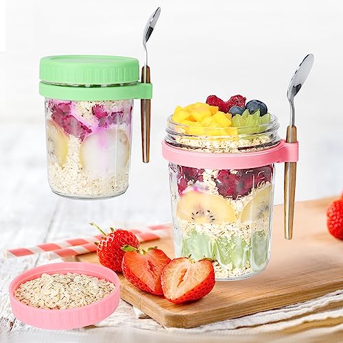 HYANITEQ Overnight Oats Jar Overnight Oats Container with Lid and Spoon Set of 4,12 oz Wide Mouth Mason Jars with Lid for Cereal Large Airtight Capacity Jar Portable Breakfast Container