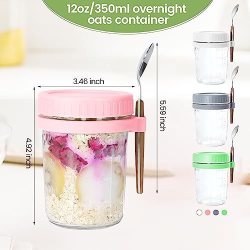 HYANITEQ Overnight Oats Jar Overnight Oats Container with Lid and Spoon Set of 4,12 oz Wide Mouth Mason Jars with Lid for Cereal Large Airtight Capacity Jar Portable Breakfast Container