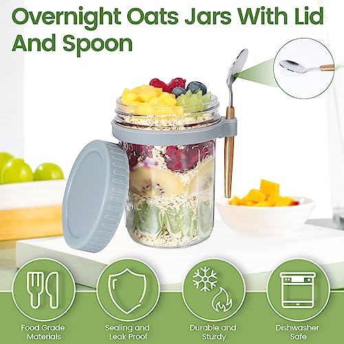 HYANITEQ Overnight Oats Jar Overnight Oats Container with Lid and Spoon Set of 4,12 oz Wide Mouth Mason Jars with Lid for Cereal Large Airtight Capacity Jar Portable Breakfast Container