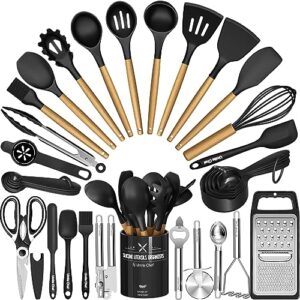 kitchen utensils set- 34pcs silicone cooking utensils with holder, umite chef heat resistant kitchen utensil spatula set for nonstick cookware, black wooden handles kitchen gadgets tools set