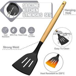 Kitchen Utensils Set- 34PCS Silicone Cooking Utensils with Holder, Umite Chef Heat Resistant Kitchen Utensil Spatula Set for Nonstick Cookware, Black Wooden Handles Kitchen Gadgets Tools Set