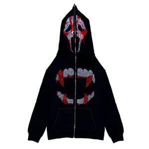 amiblvowa y2k women zip up hoodies rhinestone graphic sweatshirts skeleton spider aesthetic oversized jacket goth clothing (primary black red skull, m)