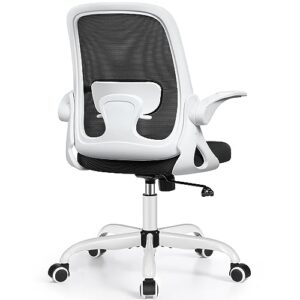 winrise office chair ergonomic desk chairs with lumbar support and flip-up arms, comfortable breathable mesh computer executive chair with swivel task, adjustable height 4'', home, bedroom - white