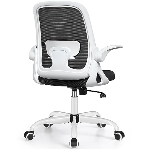 Winrise Office Chair Ergonomic Desk Chairs with Lumbar Support and Flip-up Arms, Comfortable Breathable Mesh Computer Executive Chair with Swivel Task, Adjustable Height 4'', Home, Bedroom - White