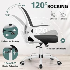 Winrise Office Chair Ergonomic Desk Chairs with Lumbar Support and Flip-up Arms, Comfortable Breathable Mesh Computer Executive Chair with Swivel Task, Adjustable Height 4'', Home, Bedroom - White