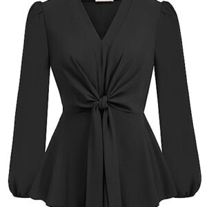 Black Peplum Tops for Women V Neck Tie Front Long Sleeve Shirts Tops Dressy L