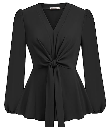 Black Peplum Tops for Women V Neck Tie Front Long Sleeve Shirts Tops Dressy L