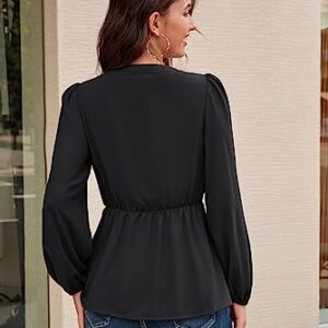 Black Peplum Tops for Women V Neck Tie Front Long Sleeve Shirts Tops Dressy L