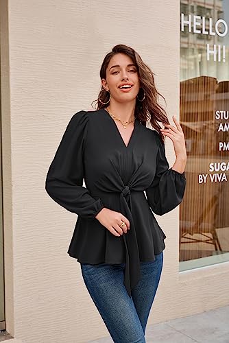 Black Peplum Tops for Women V Neck Tie Front Long Sleeve Shirts Tops Dressy L