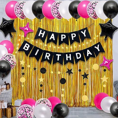 Black and Hot Pink Birthday Decorations, Happy Birthday Decorations,Happy Birthday Banner with LED light Gold Metallic Tinsel Foil Fringe Curtains Stars Confetti Balloon Birthday Decorations for Women Girls Boys Men