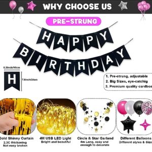 Black and Hot Pink Birthday Decorations, Happy Birthday Decorations,Happy Birthday Banner with LED light Gold Metallic Tinsel Foil Fringe Curtains Stars Confetti Balloon Birthday Decorations for Women Girls Boys Men