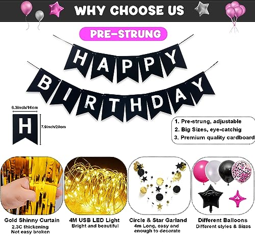 Black and Hot Pink Birthday Decorations, Happy Birthday Decorations,Happy Birthday Banner with LED light Gold Metallic Tinsel Foil Fringe Curtains Stars Confetti Balloon Birthday Decorations for Women Girls Boys Men