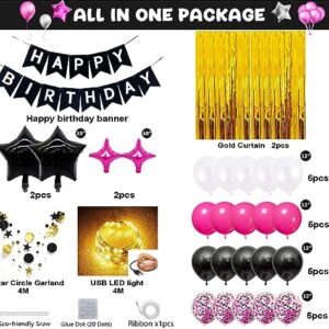 Black and Hot Pink Birthday Decorations, Happy Birthday Decorations,Happy Birthday Banner with LED light Gold Metallic Tinsel Foil Fringe Curtains Stars Confetti Balloon Birthday Decorations for Women Girls Boys Men